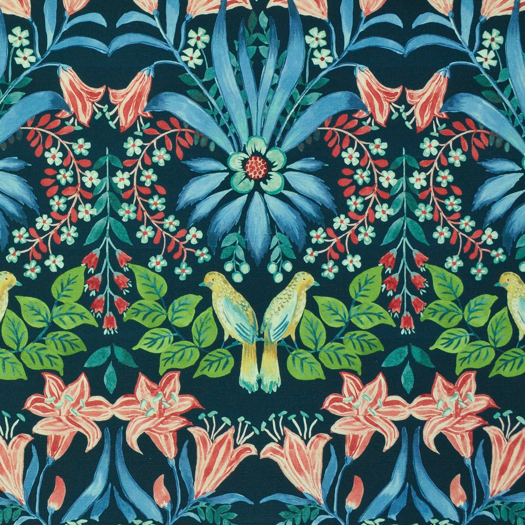 Lilium Navy Bird Floral Damask P/Kaufmann Fabric | The Fabric Co