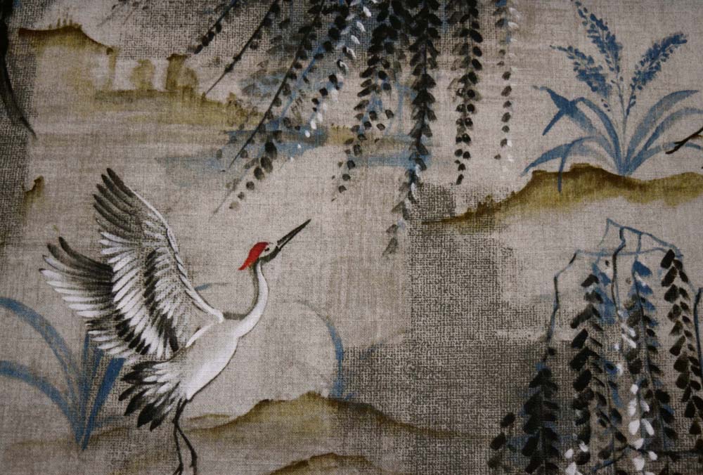 Crane Bird Aqua Blue Floral Print Tancho Parchment Hamilton Fabric