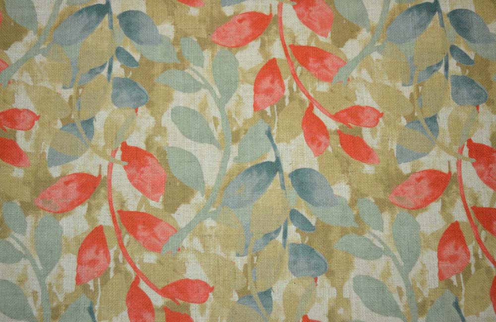 Daria Coral Watercolor Leaf Vine Print On Herringbone Regal Fabric