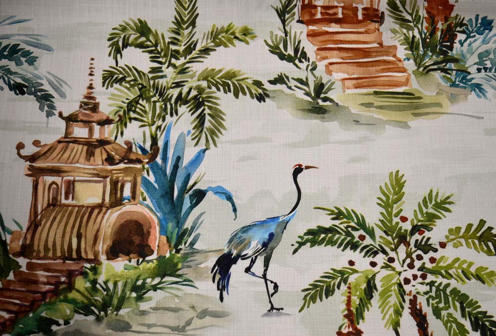 Emperor Palm Green Asian Toile Pagoda Bird Tropical Print Hamilton Fabric
