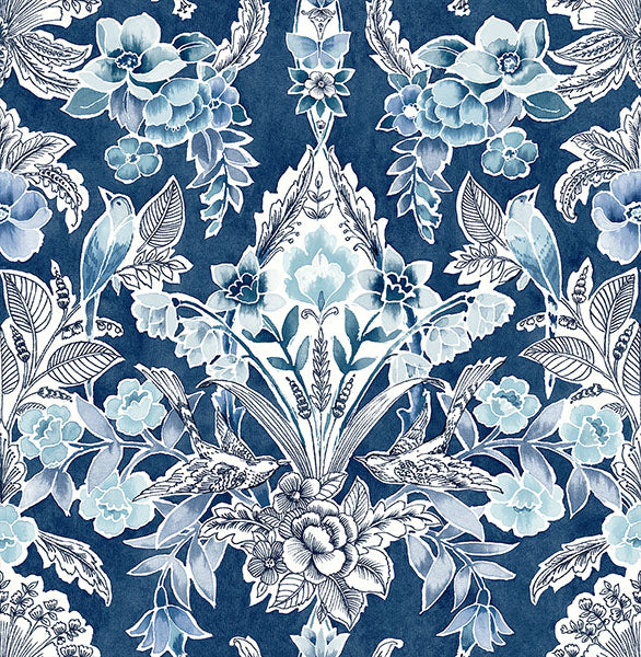 2903-25863 Vera Blue Floral Damask Wallpaper | The Fabric Co