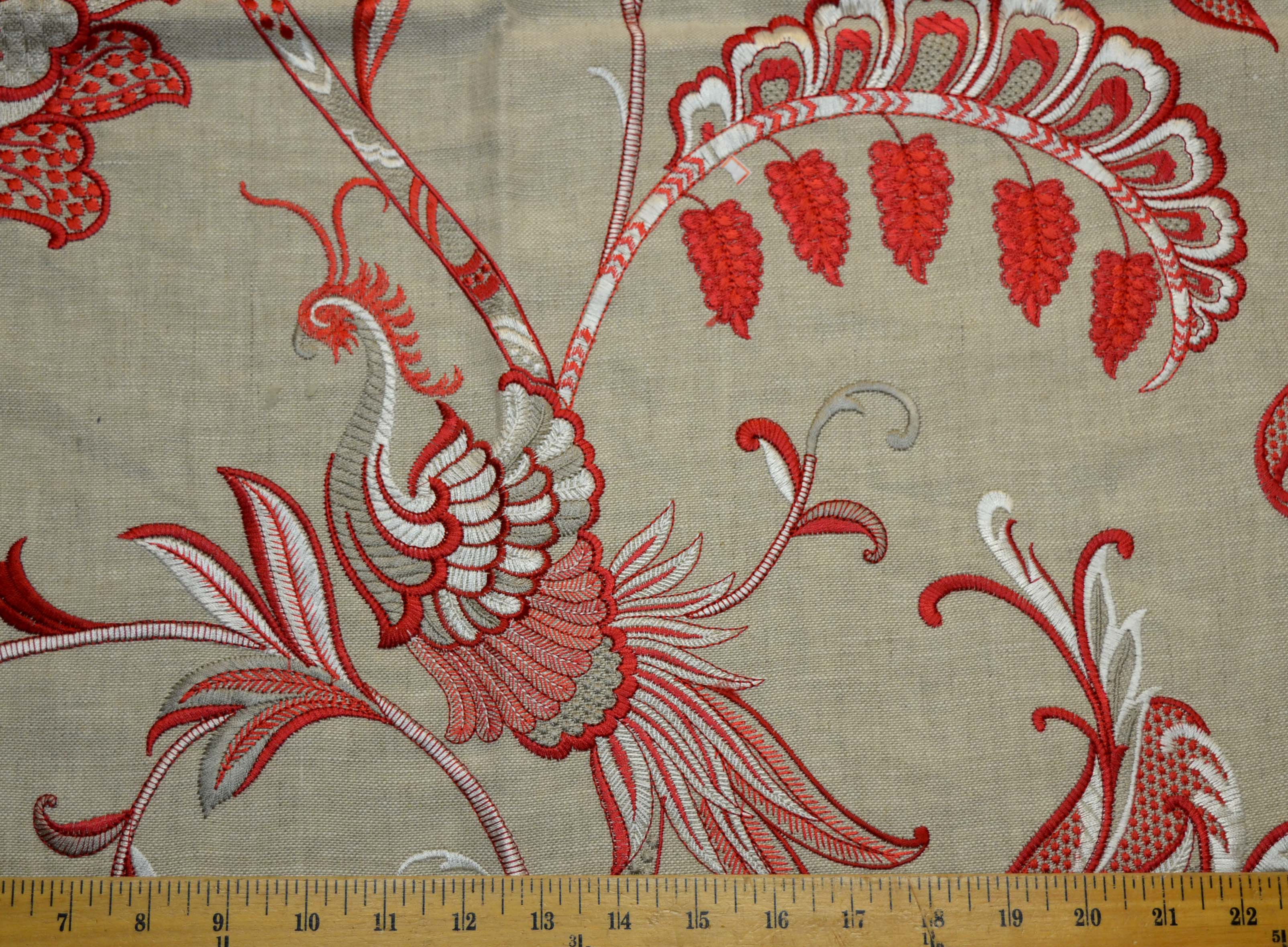 Red Embroidered Floral on Linen Bentley Poppy Hamilton Fabric
