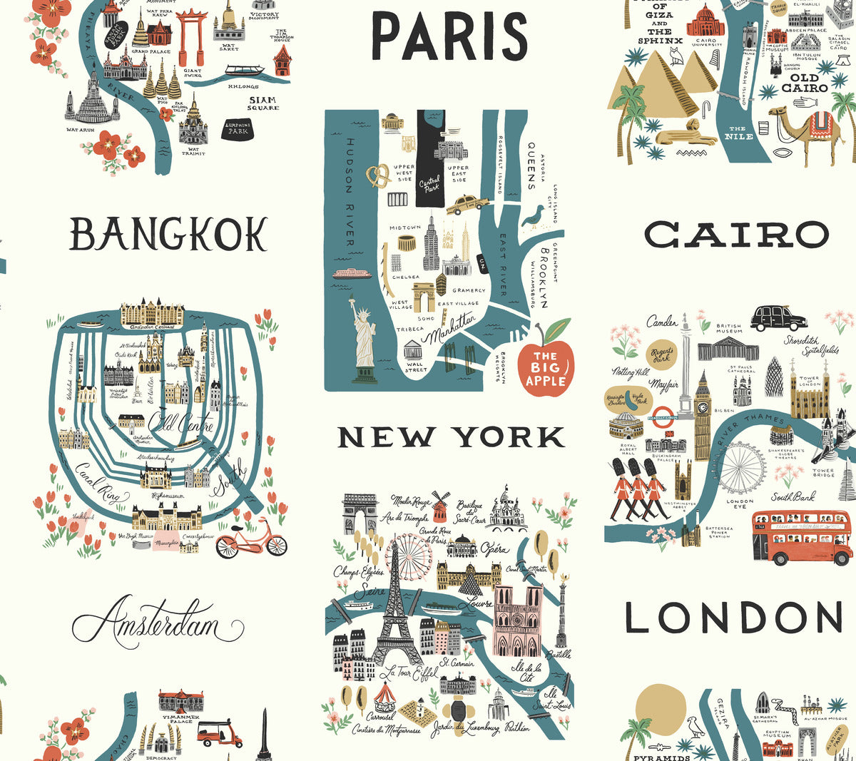 RI5162 Blue/Red City Maps Wallpaper | Rifle Paper Co. | The Fabric Co