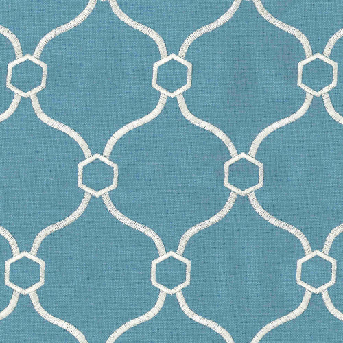 Blue Silver Embroidered Geometric Quatrefoil Vera Turquoise Regal Fabric